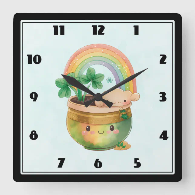 Whimsical Planter with Rainbow & Clover Square Wall Clock | Zazzle