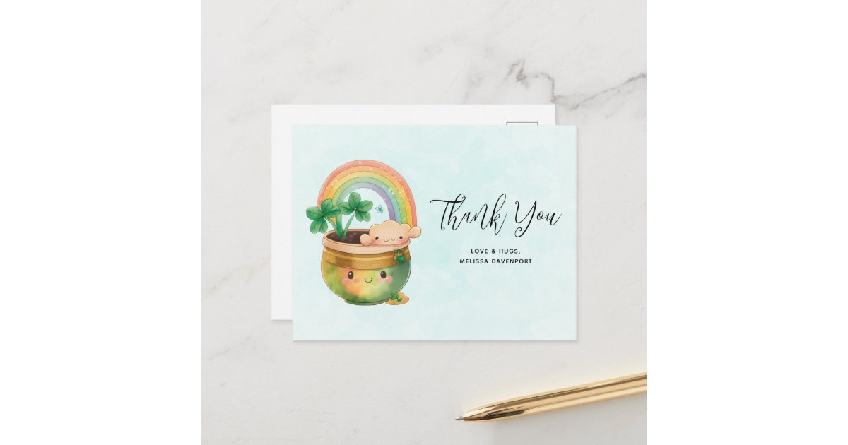 Whimsical Planter with Rainbow & Clover Thank You Postcard | Zazzle