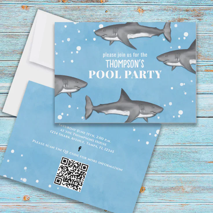 Whimsical Pool Party Sharks QR Code Social Media Invitation | Zazzle