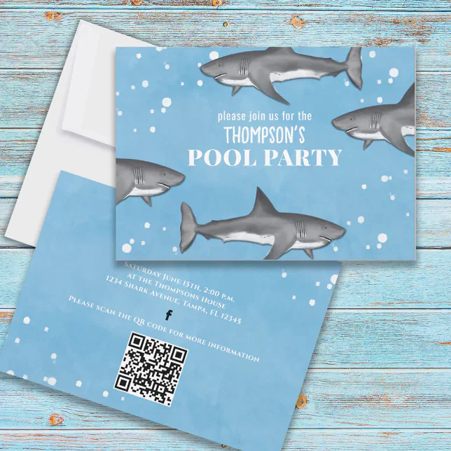 Whimsical Pool Party Sharks QR Code Social Media Invitation | Zazzle
