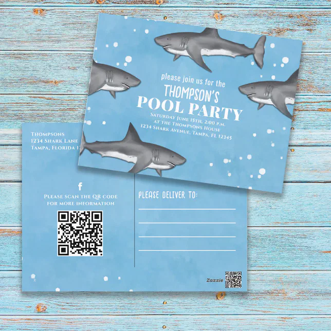 Whimsical Pool Party Sharks QR Code Social Media Postcard | Zazzle