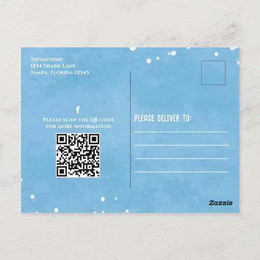 Whimsical Pool Party Sharks QR Code Social Media Postcard | Zazzle