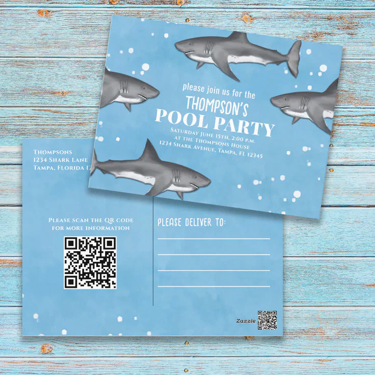 Whimsical Pool Party Sharks QR Code Website Postcard | Zazzle