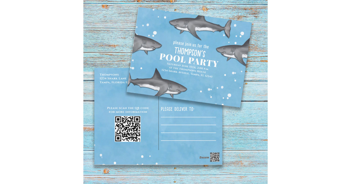 Whimsical Pool Party Sharks QR Code Website Postcard | Zazzle