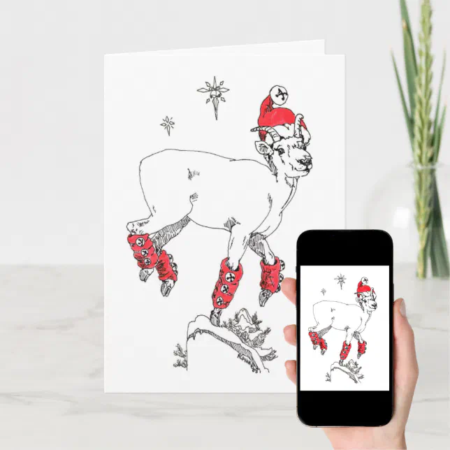 Whimsical Prancing Goat Ewe Bells Christmas Card | Zazzle