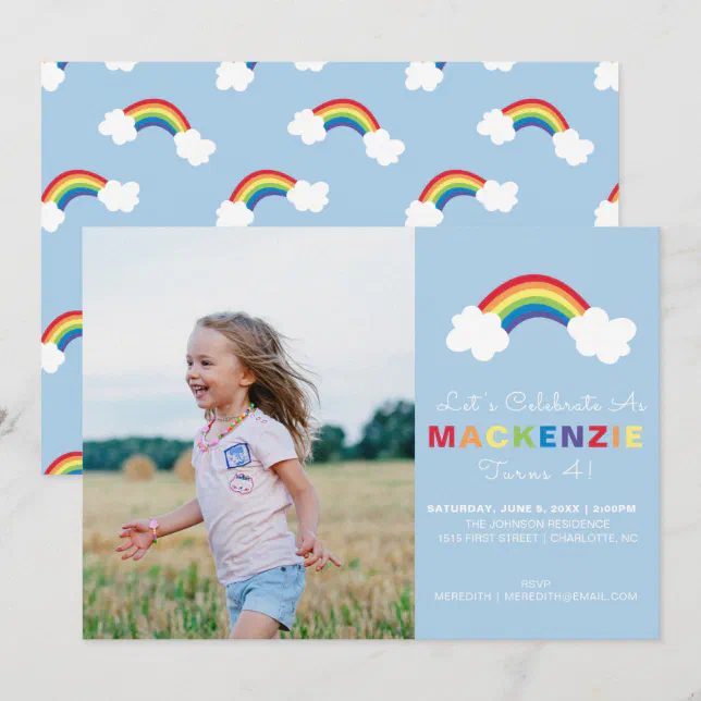 Whimsical Preppy Photo Girl Rainbow Birthday Party Invitation | Zazzle