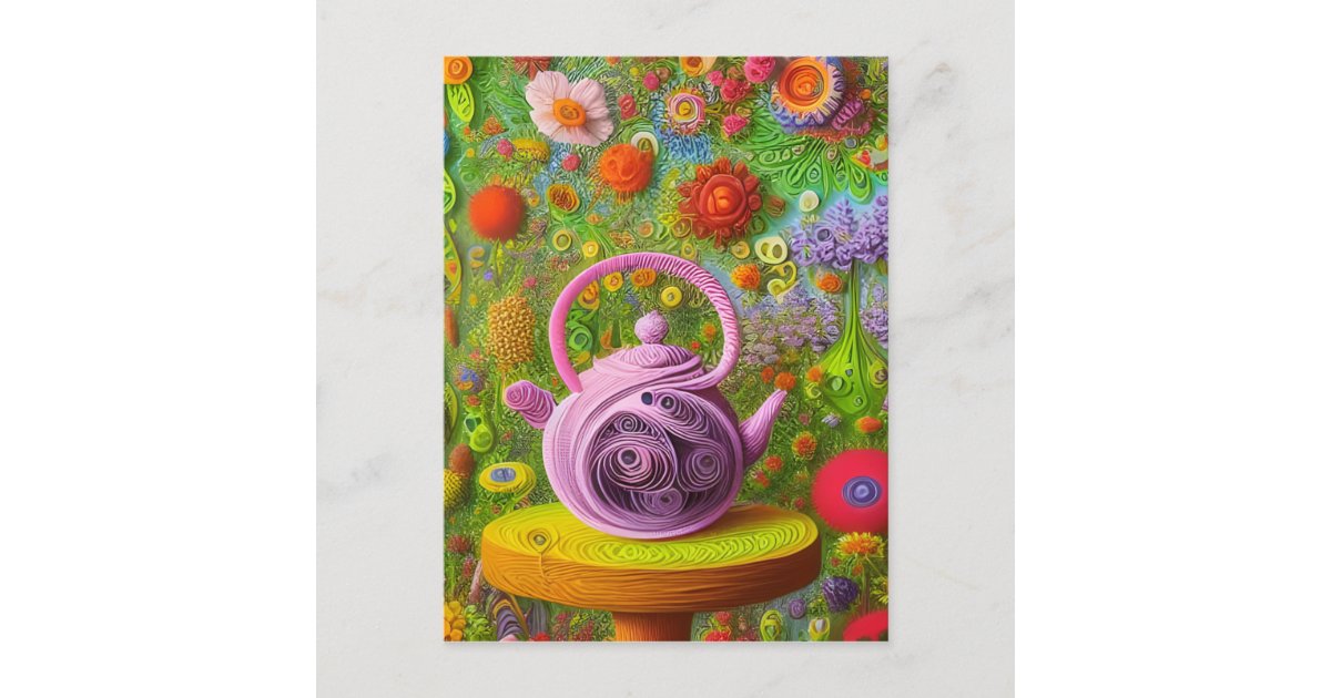 Whimsical Quilled Teapot Landscape Postcard | Zazzle