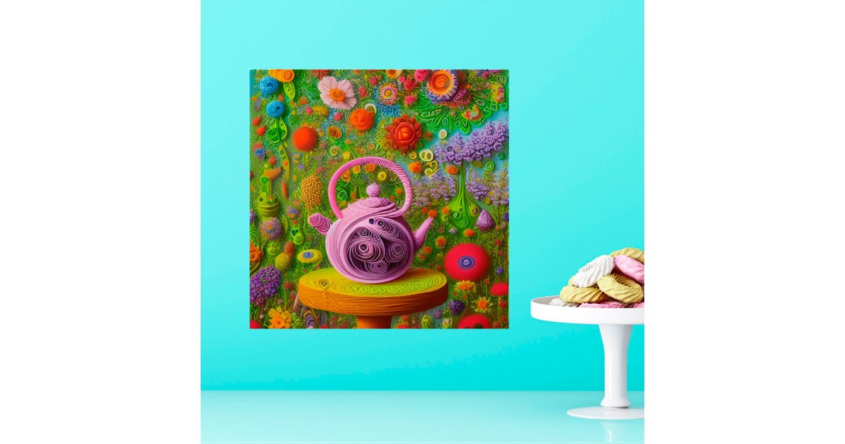 Whimsical Quilled Teapot Landscape Poster | Zazzle