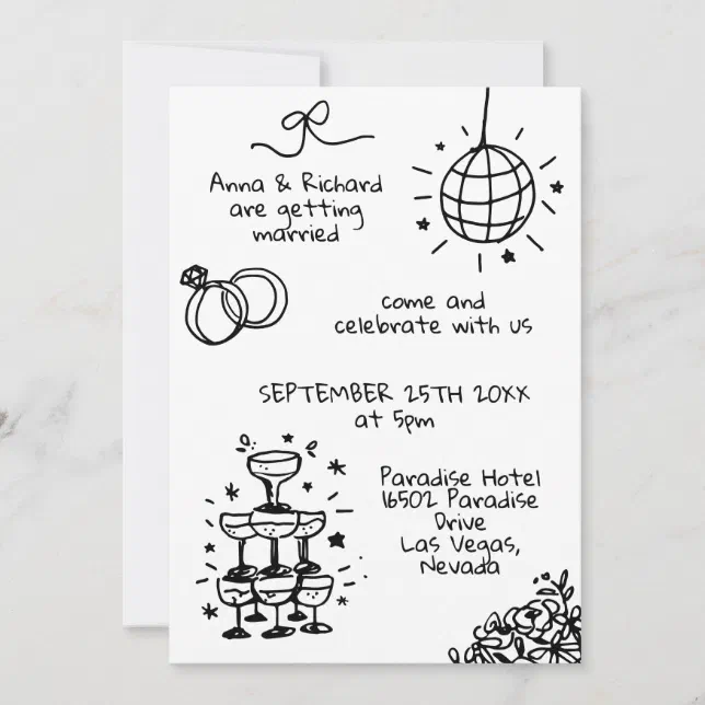 Whimsical Quirky Fun Doodle Illustrated Wedding Invitation | Zazzle