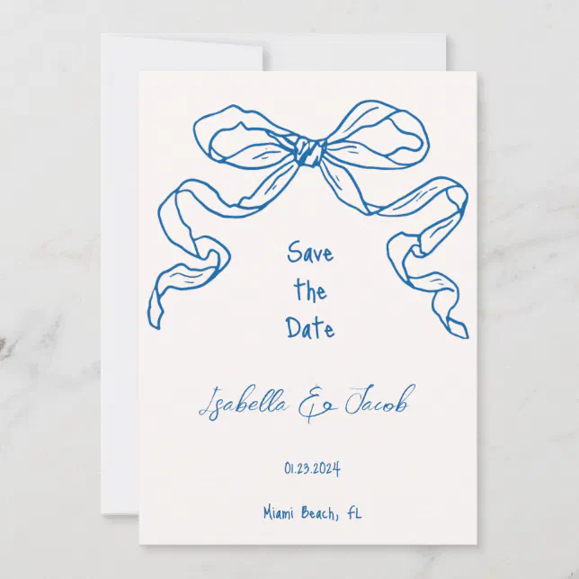 Whimsical Quirky Hand Drawn Blue Bow Save the Date Invitation | Zazzle
