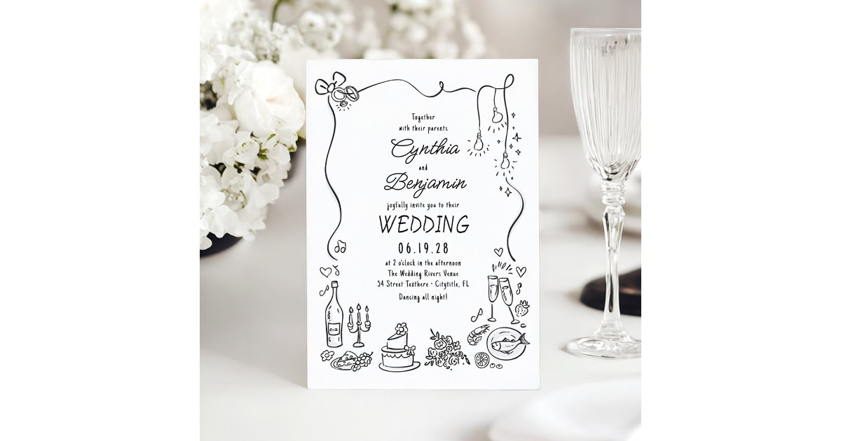 Whimsical Quirky Hand Drawn Doodles Wedding Invitation | Zazzle