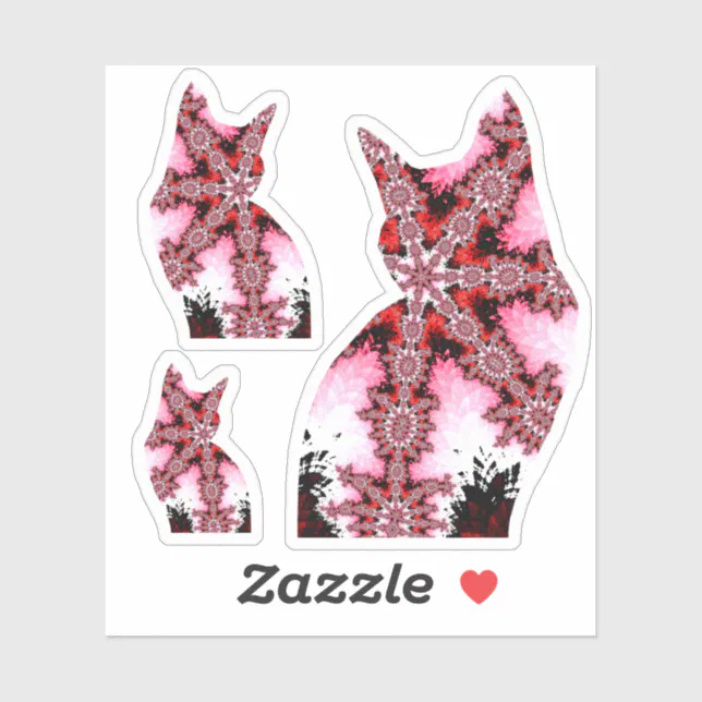 Whimsical Red and Pink Fractal Cats Silhouette Sticker | Zazzle