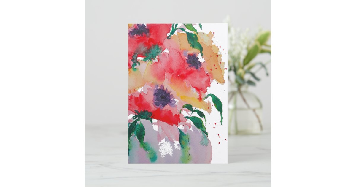 Whimsical Red and Yellow Flowers in a Pinky Vase | Thank You Card | Zazzle