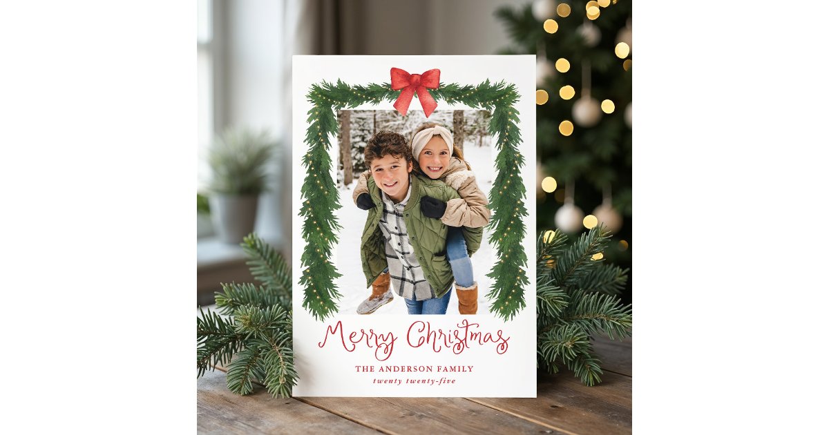Whimsical Red Bow Garland Christmas Photo Holiday Card | Zazzle