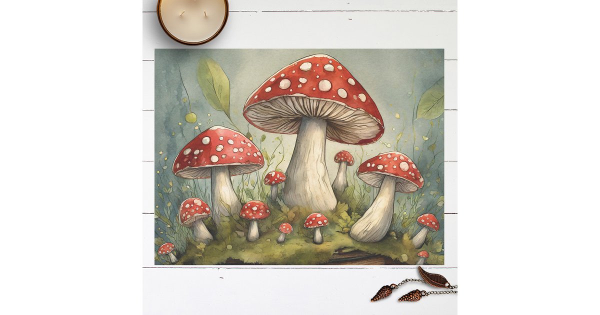 Whimsical Red Mushrooms Illustration Decoupage Tissue Paper | Zazzle