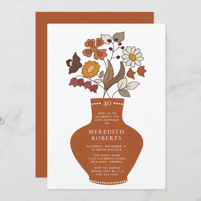 Whimsical Retro Boho Floral 40th Birthday Invitation | Zazzle