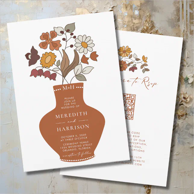 Whimsical Retro Floral QR Code Wedding Invitation | Zazzle