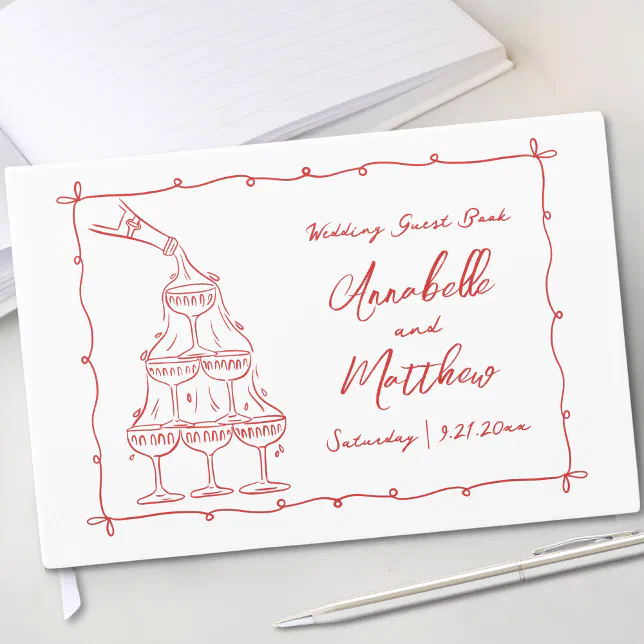 Whimsical Retro Red Hand Drawn Wedding Guest Book | Zazzle