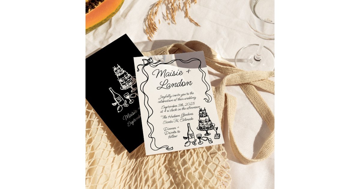 Whimsical Ribbon Border Illustration Wedding Invitation | Zazzle