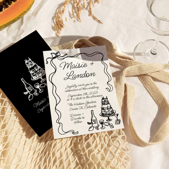 Whimsical Ribbon Border Illustration Wedding Invitation | Zazzle