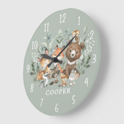 Whimsical Sage Green Woodland Animals Boy Nursery Large Clock | Zazzle