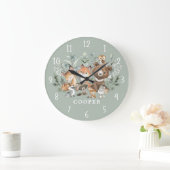 Whimsical Sage Green Woodland Animals Boy Nursery Large Clock | Zazzle
