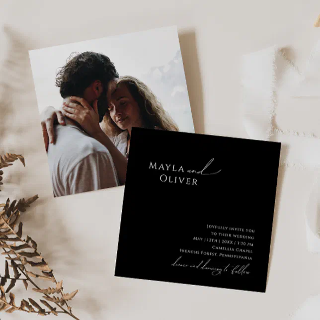 Whimsical Script | Black Photo Square Wedding Invitation | Zazzle