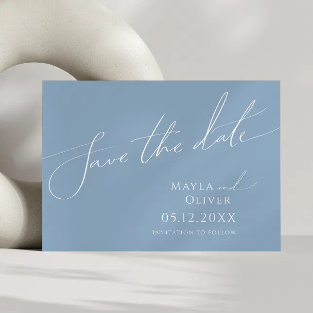 Whimsical Script | Dusty Blue Horizontal Save The Date | Zazzle