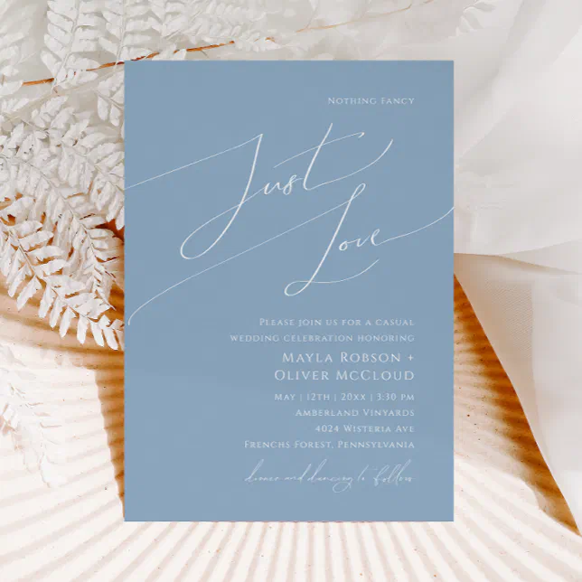 Whimsical Script | Dusty Blue Just Love Wedding Invitation | Zazzle