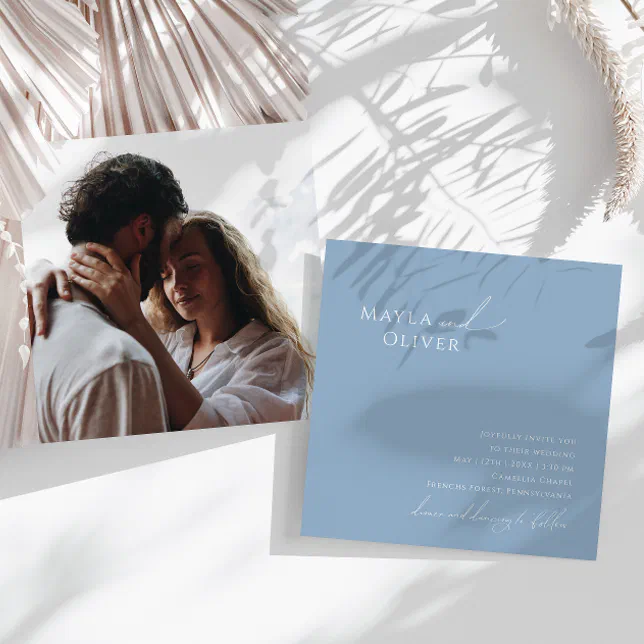 Whimsical Script | Dusty Blue Photo Square Wedding Invitation | Zazzle