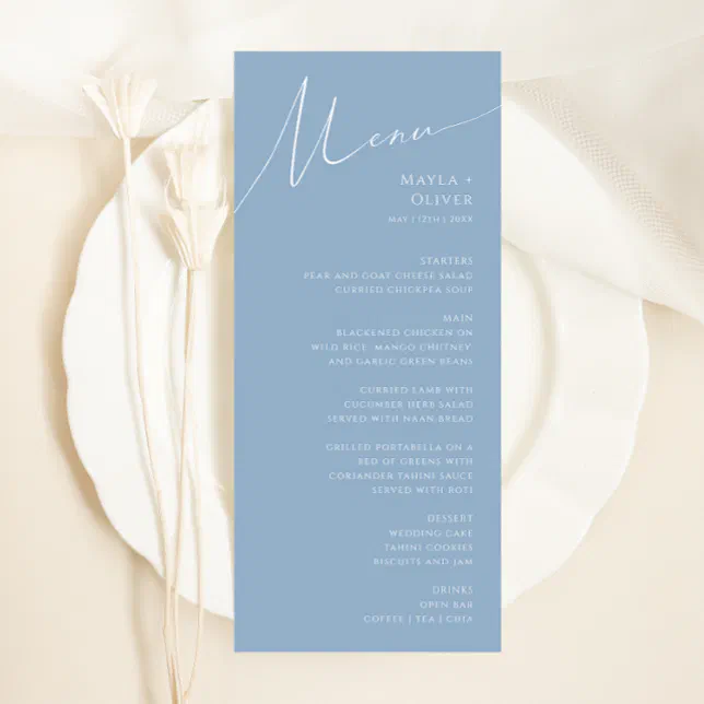 Whimsical Script | Dusty Blue Wedding Dinner Menu | Zazzle