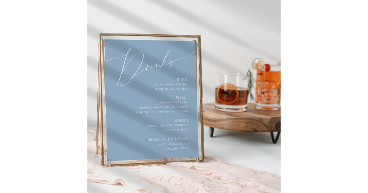 Whimsical Script | Dusty Blue Wedding Drinks Menu Poster | Zazzle