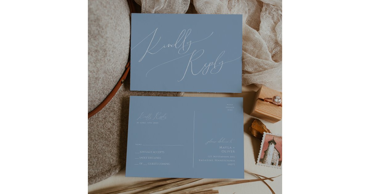 Whimsical Script | Dusty Blue Wedding RSVP Postcard | Zazzle