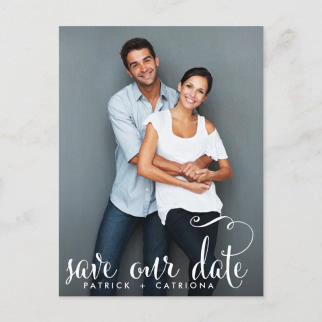 WHIMSICAL SCRIPT PHOTO SAVE OUR DATE POSTCARD | Zazzle