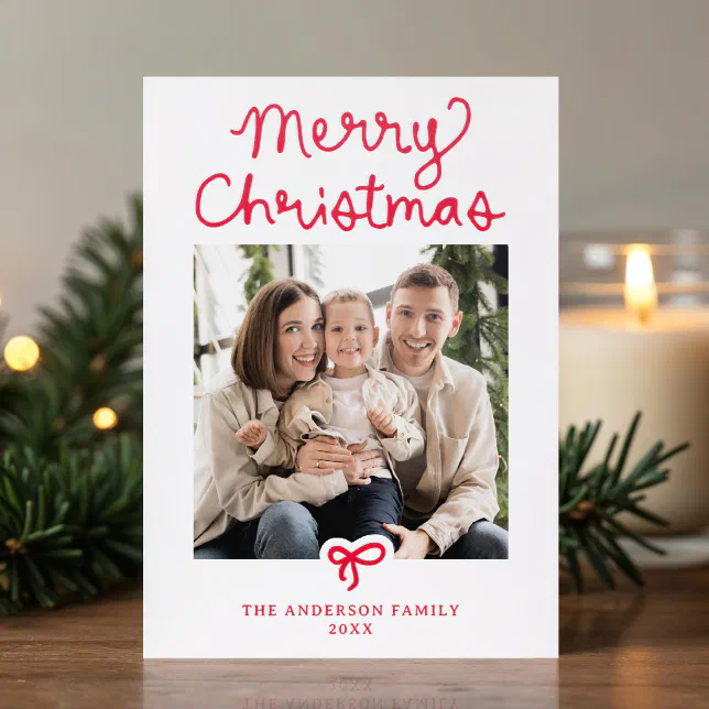 Whimsical Script Red Bow Merry Christmas Letterpress Photo Cards | Zazzle