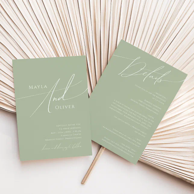 Whimsical Script | Sage Green All In One Wedding Invitation | Zazzle