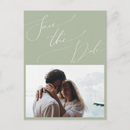 Whimsical Script | Sage Green Photo Save The Date Invitation Postcard | Zazzle