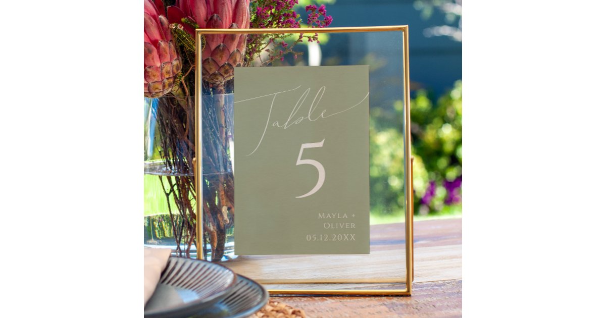 Whimsical Script | Sage Green Table Number | Zazzle