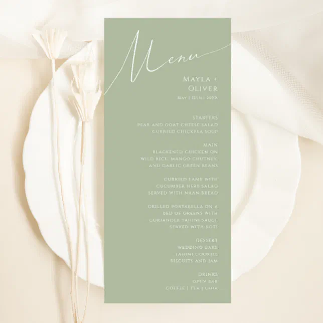 Whimsical Script | Sage Green Wedding Dinner Menu | Zazzle