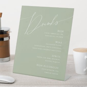 Whimsical Script | Sage Green Wedding Drinks Menu Pedestal Sign | Zazzle