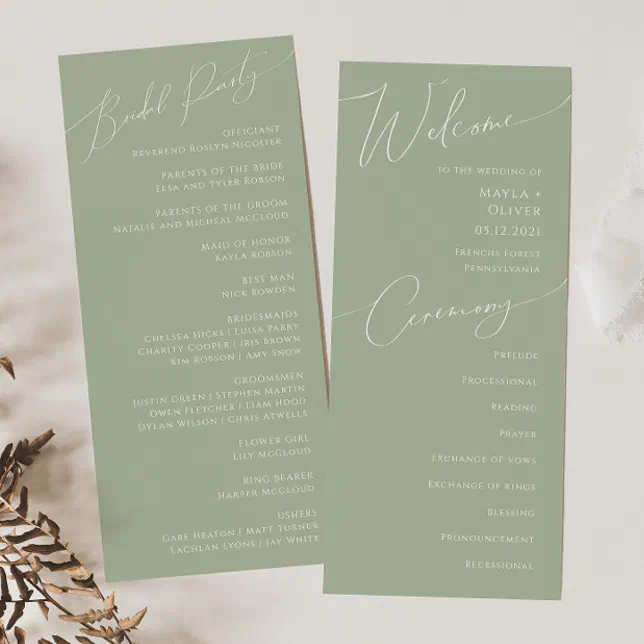 Whimsical Script | Sage Green Wedding Program | Zazzle