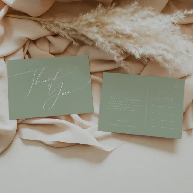 Whimsical Script | Sage Green Wedding Thank You Postcard | Zazzle
