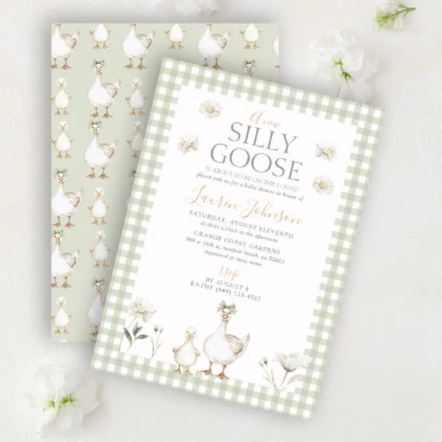 Whimsical Silly Goose Green Gingham Baby Shower Invitation | Zazzle