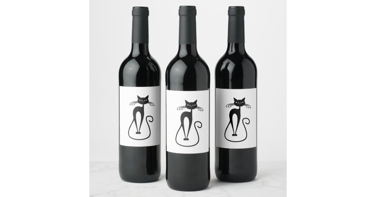 Whimsical Skinny Black Cat Wine Label | Zazzle