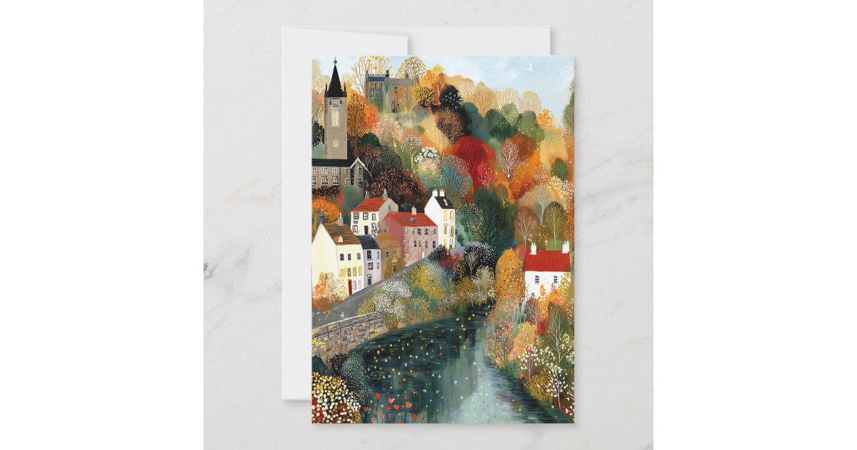 Whimsical Small Town Autumn Scene Hello Hi Flat Card | Zazzle