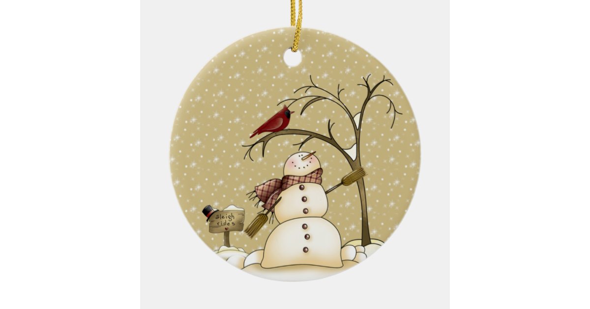 Whimsical Snowman and Red Bird Christmas Ceramic Ornament | Zazzle