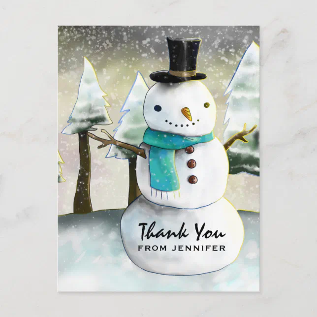 Whimsical Snowman Winter Scene Christmas Thank You Postcard | Zazzle