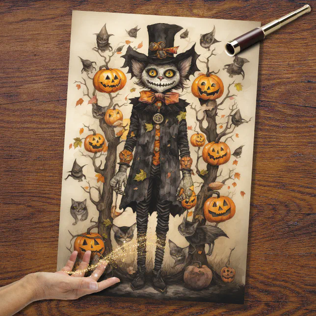 Whimsical Spooky Cat 2 Halloween Decoupage Paper | Zazzle