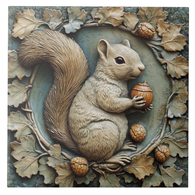 Whimsical Squirrel & Acorns Faux Relief Ceramic Tile | Zazzle