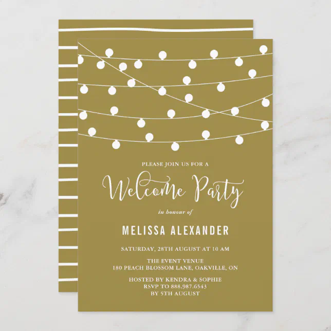 Whimsical String Lights Gold Welcome Party Invitation | Zazzle